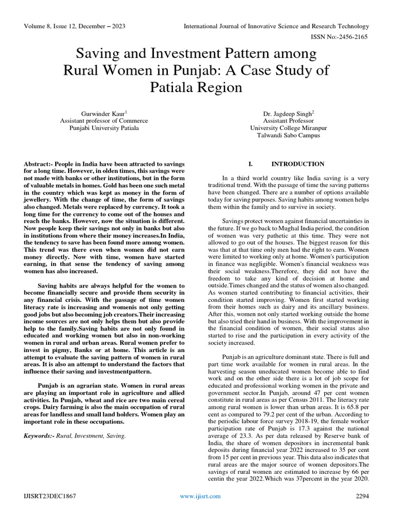 Saving and Investment Pattern Among Rural Women in Punjab: A Case Study of Patiala Region | PDF ...