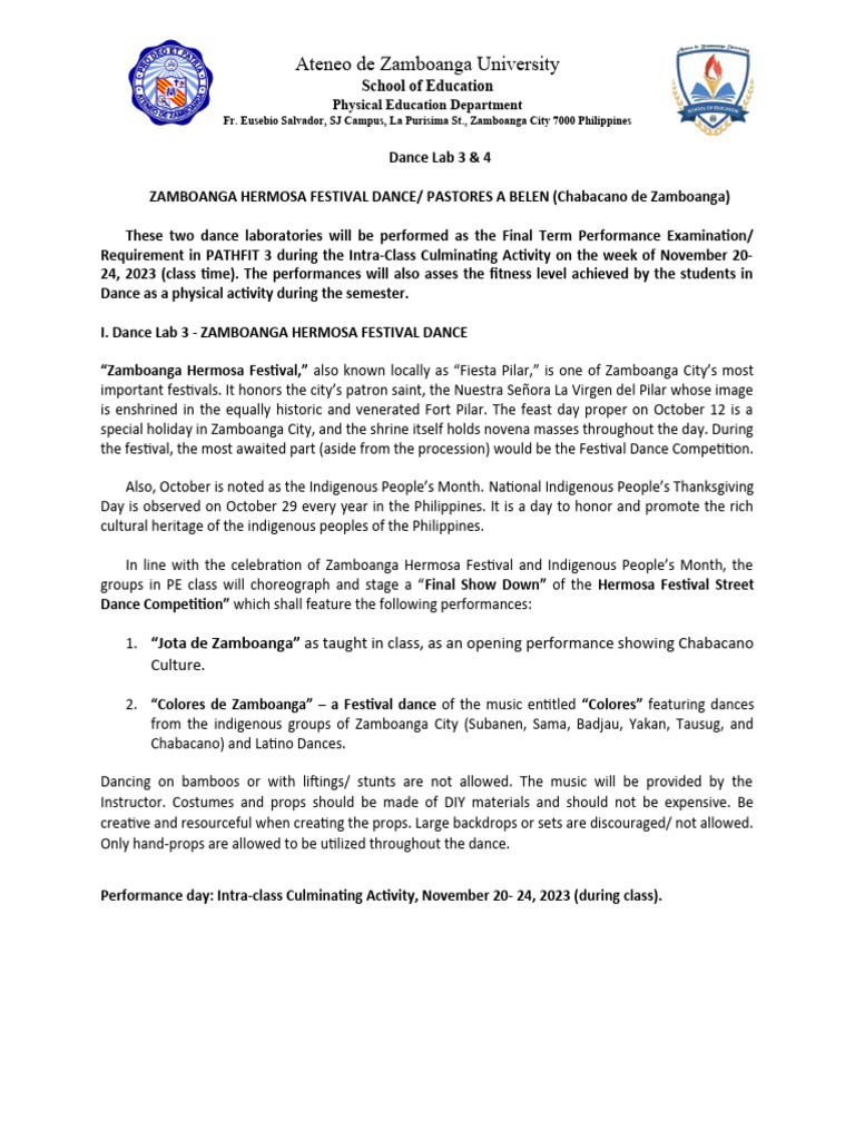 Dance Lab 3 and 4 For Intra-Class Culminating Performances | PDF