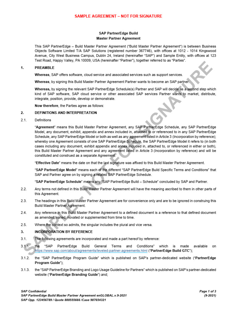 Sap Partneredge Build Master Partner Agreement Sample English v9 2021 | PDF