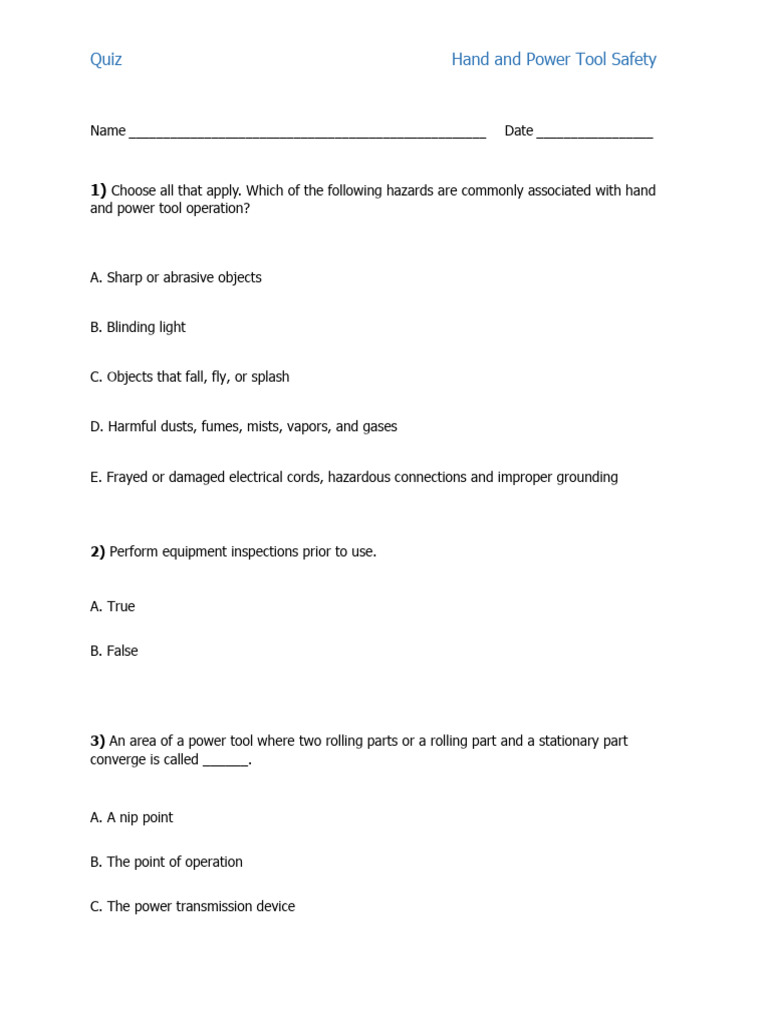Hand and Power Tool Safety Quiz | PDF | Tools | Personal Protective ...