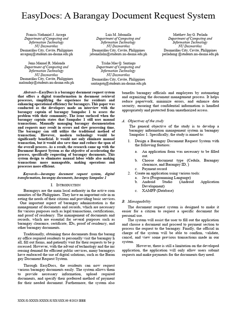 EasyDocs-Barangay Document Request System FINALPaper | PDF
