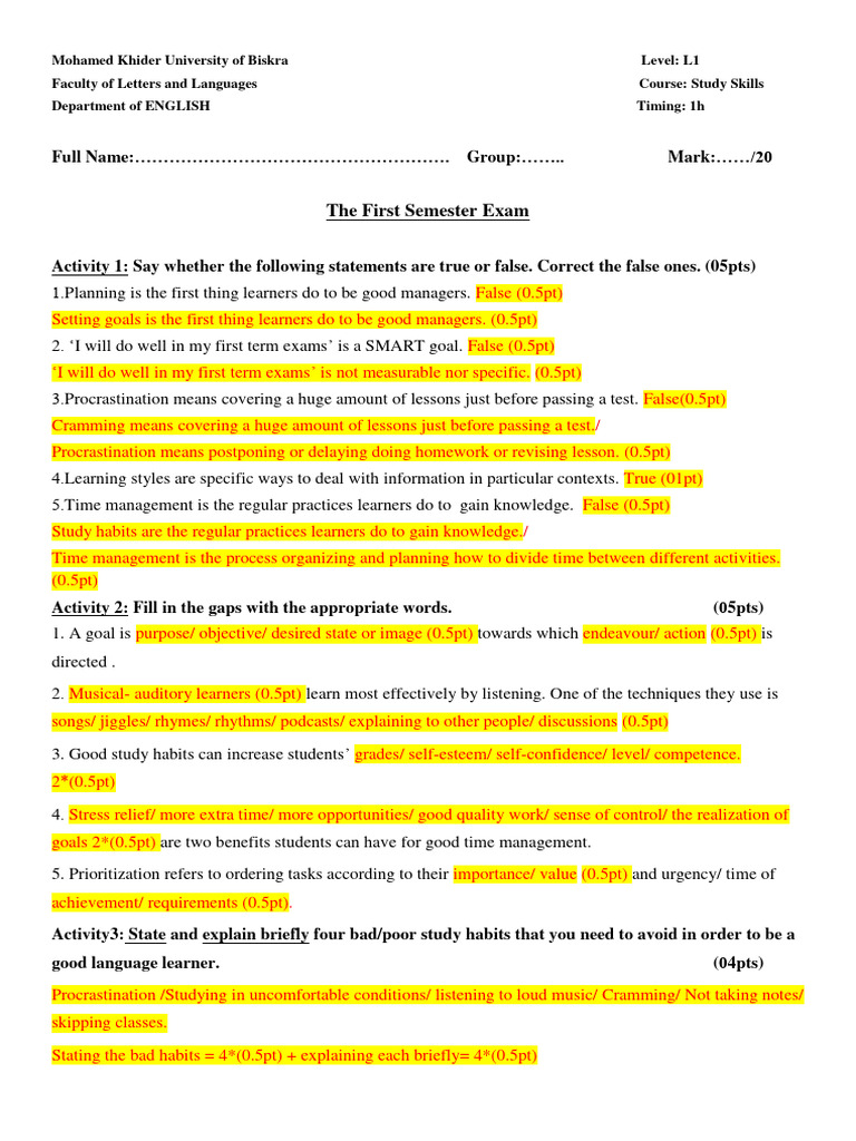 Study skills S1 Exam Answer Key | PDF | Learning | Study Skills