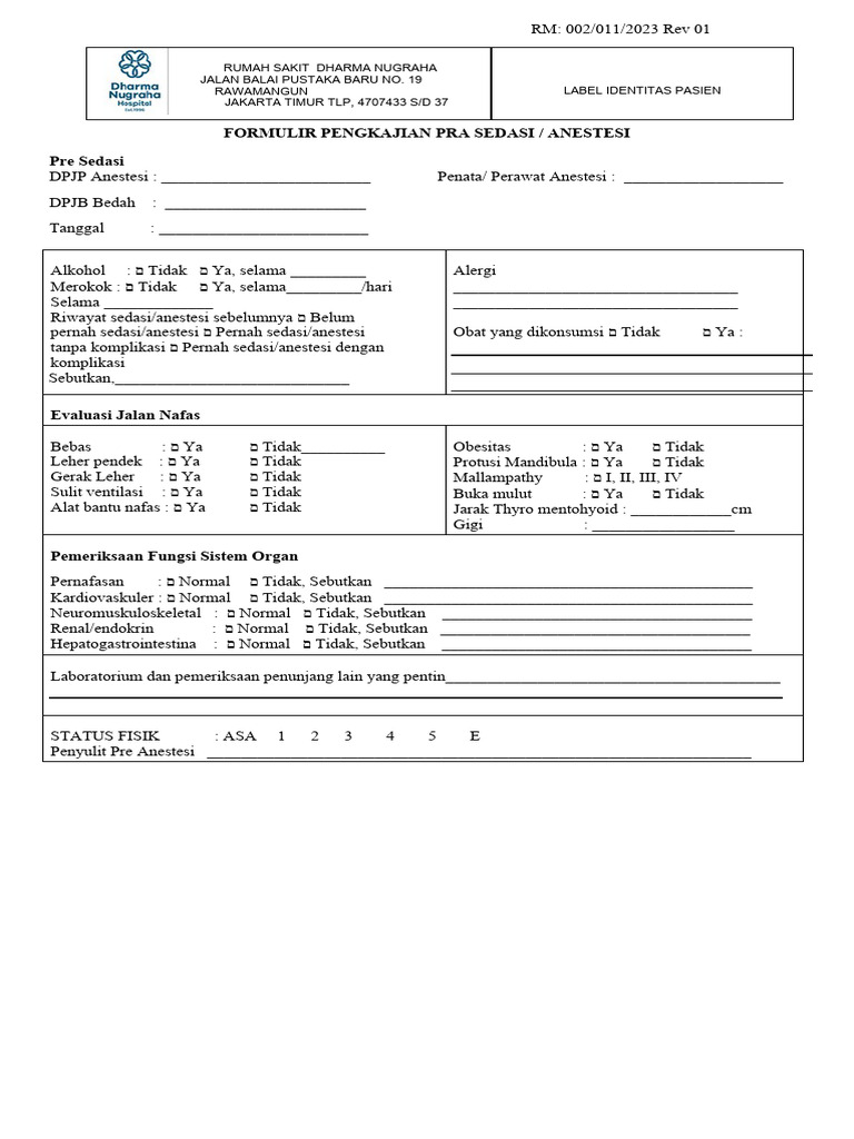 Form - Asesmen - Pra - Sedasi-Anestesi | PDF | Bisnis | Sains & Matematika