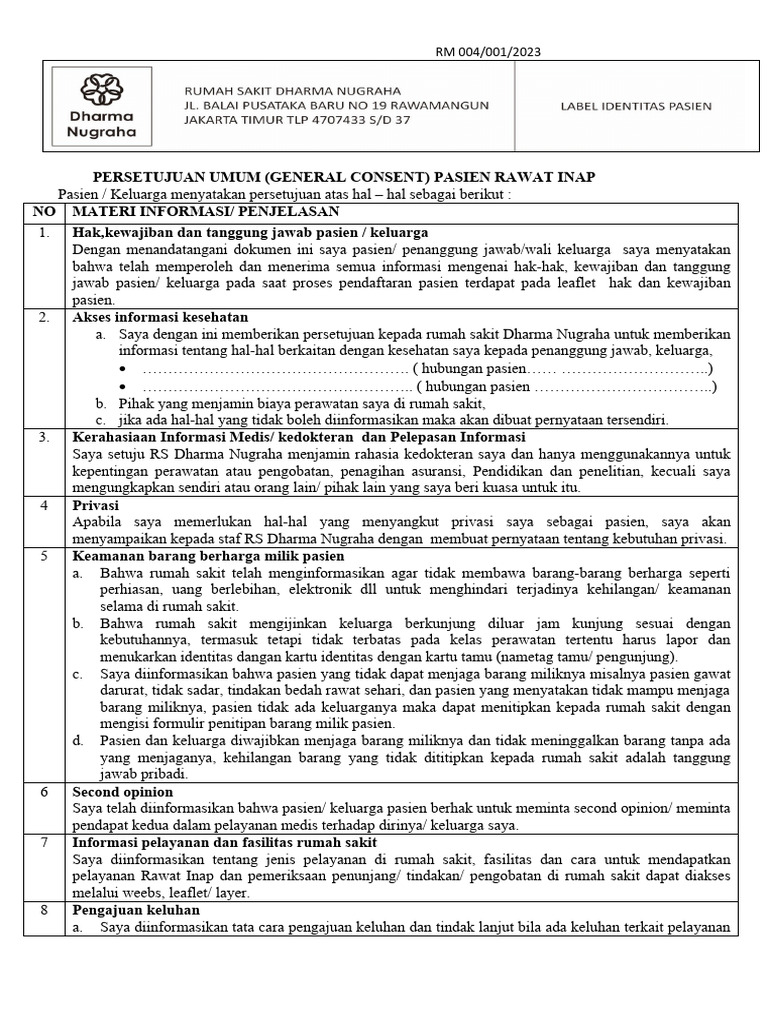 Persetujuan Umum (General Consent) Ranap | PDF