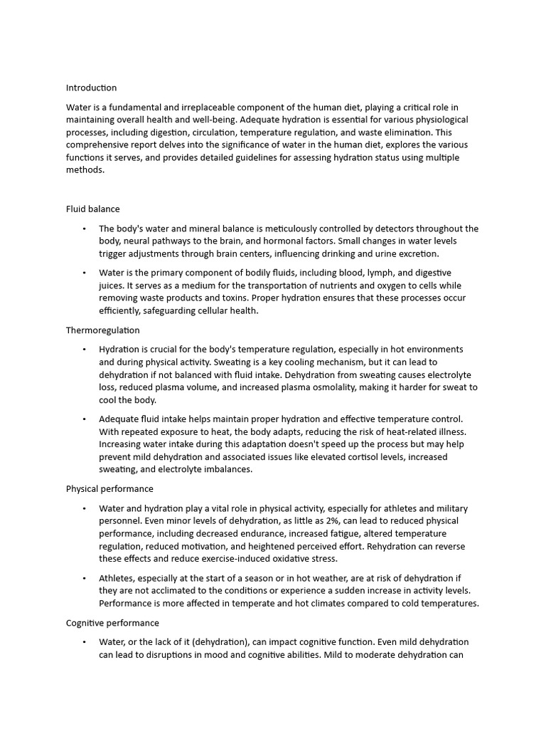 Final Report of Importance of Water | PDF | Dehydration | Water