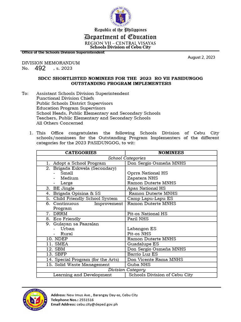 DM 2023-0492 SDCC Shortlisted Nominees For The 2023 Ro Vii Pasidungog ...