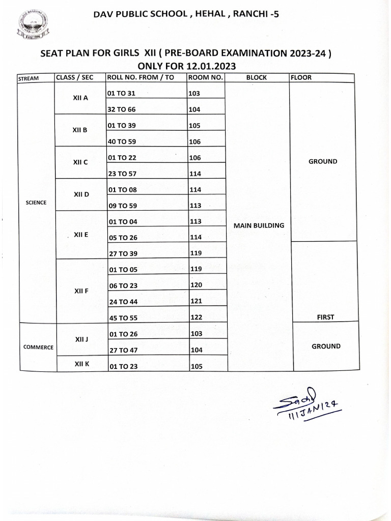 Xii Girls Seat Plan For 12 Jan | PDF