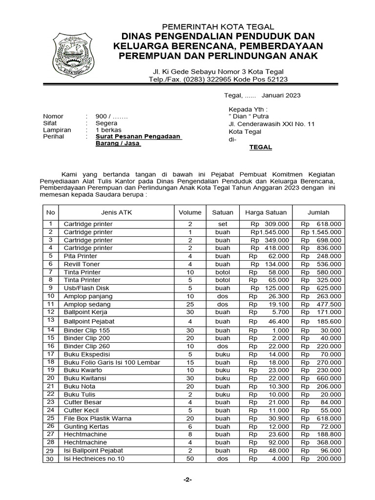 Pengadaan ATK DPPKBP2PA Tegal 2023 | PDF