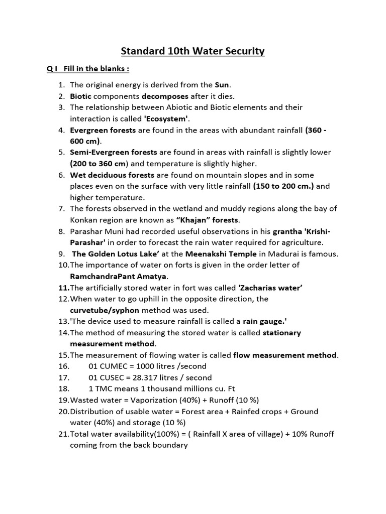 Standard 10th Water Security | PDF