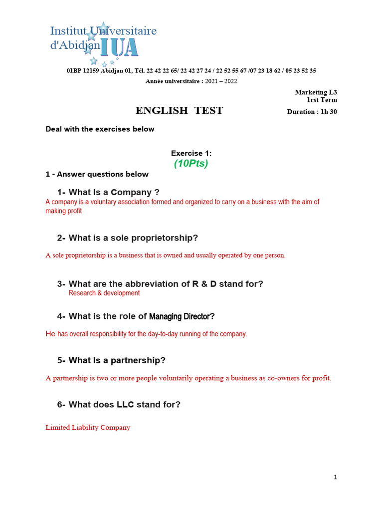 English TEST 1rst Term-Nov-22 OK - Answer | PDF