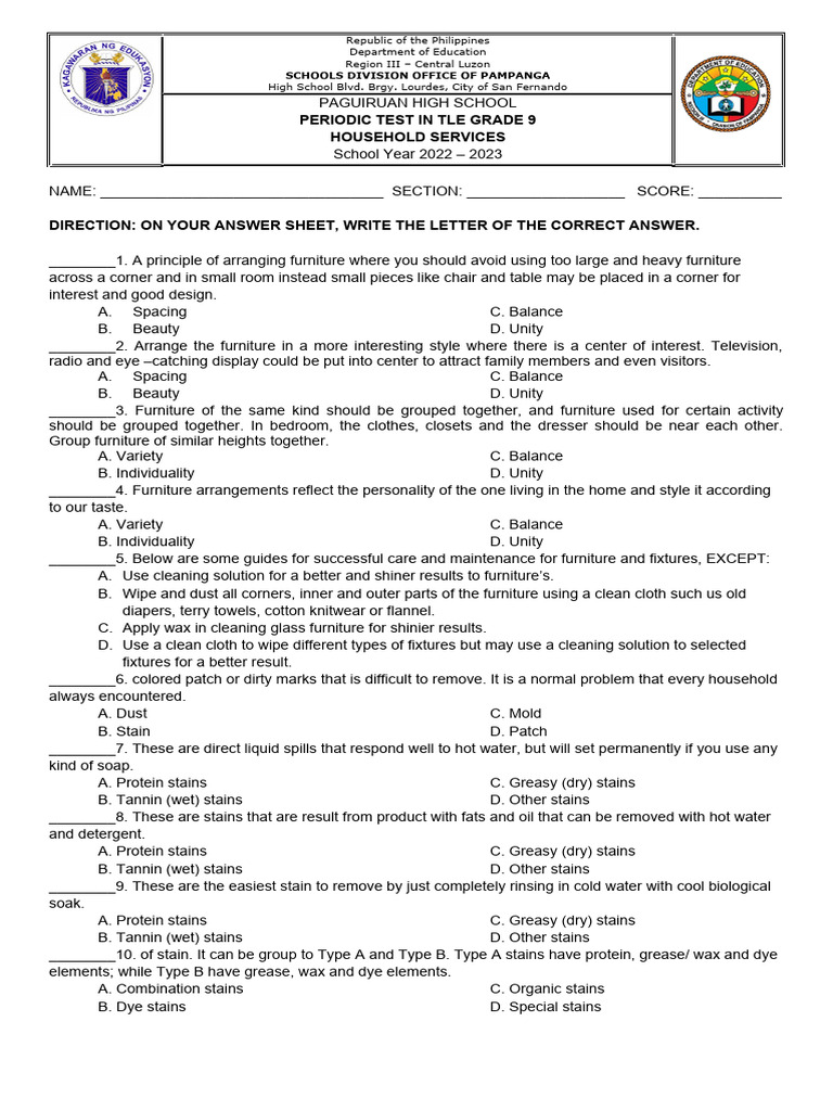 Grade 9 TLE: Household Services Test | PDF