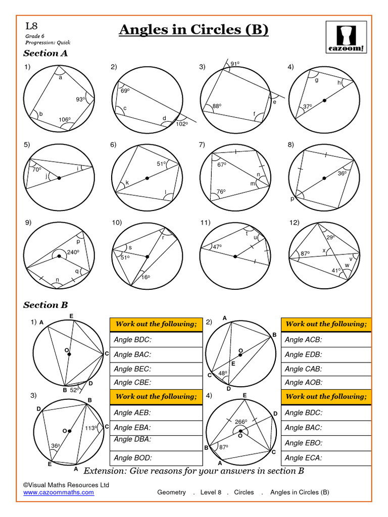 Geometry. Level 8. Circles. Angles in Circles (B) | PDF | Geometry ...