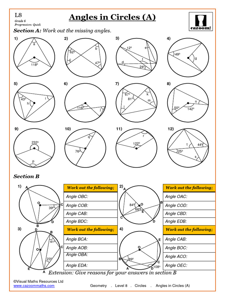 Angles in Circles Level 8 Worksheet | PDF | Geometry