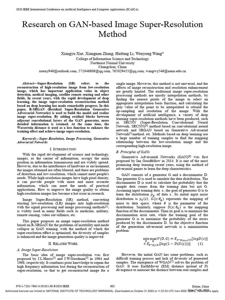 Research On Gan Based Image Super Resolution Method Pdf Image Resolution Deep Learning