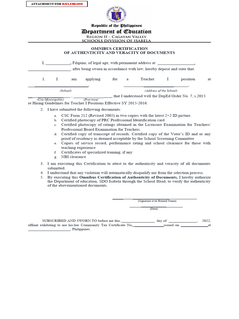 Template-Omnibus-Certification - KG & SPED, Elem, JHS-1 | PDF ...
