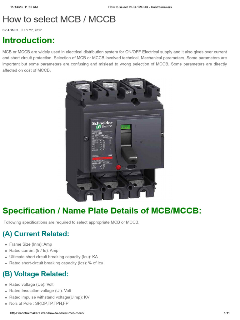 Selecting MCB and MCCB Ratings | PDF | Power (Physics) | Components