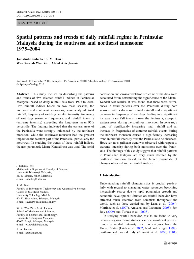 Spatial Patterns And Trends Of Daily Rainfall Regime In Peninsular
