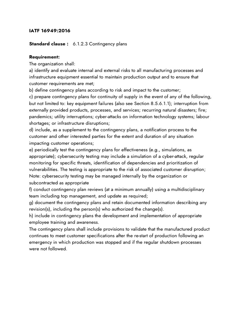 IATF - Contingency Plan Clause | PDF