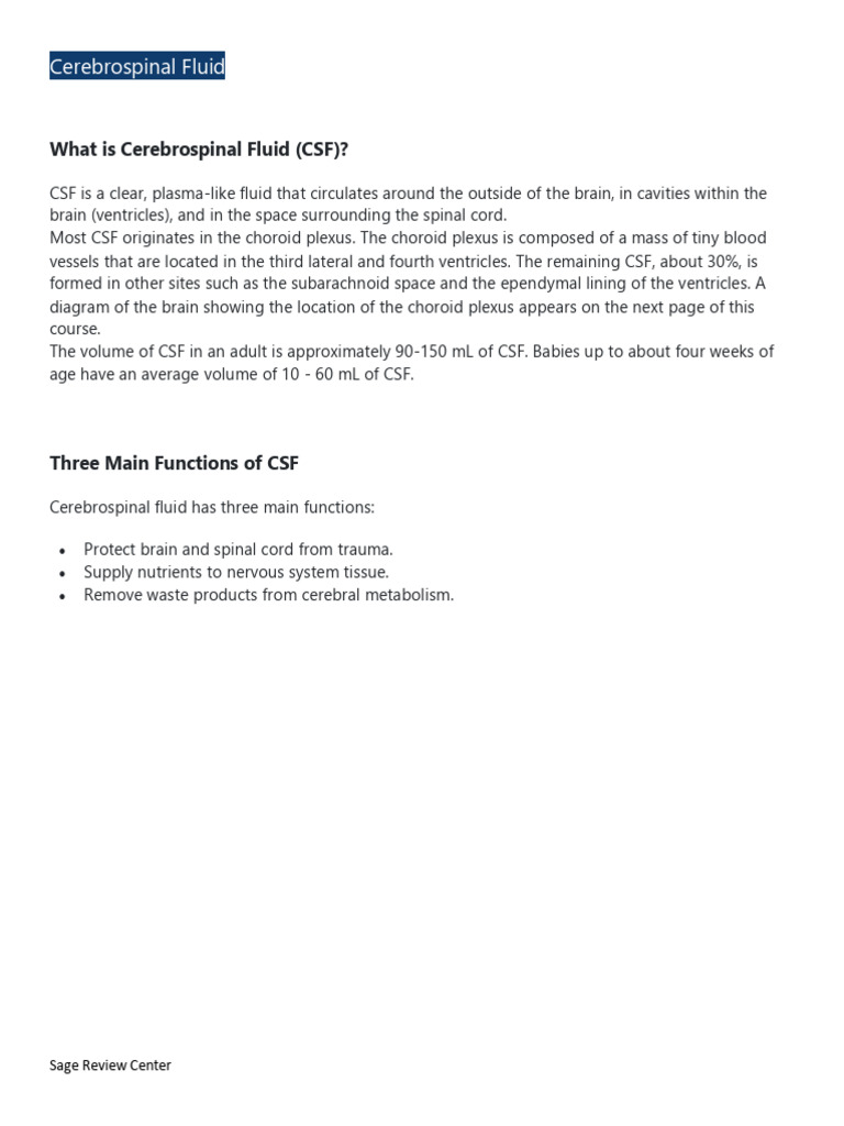 What Is Cerebrospinal Fluid (CSF) ? | PDF