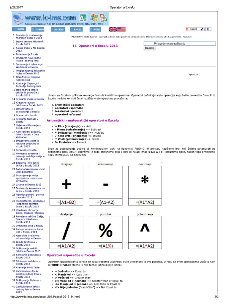 Operatori U Excelu 2013 | PDF