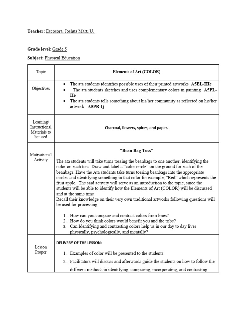 Lesson Plan Pico Indiv | PDF | Color | Cognition