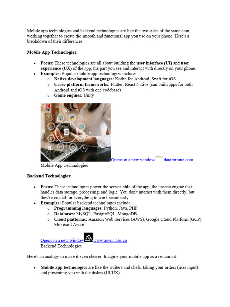 Mobile App and Backend Technology Overview | PDF | Art | Computers