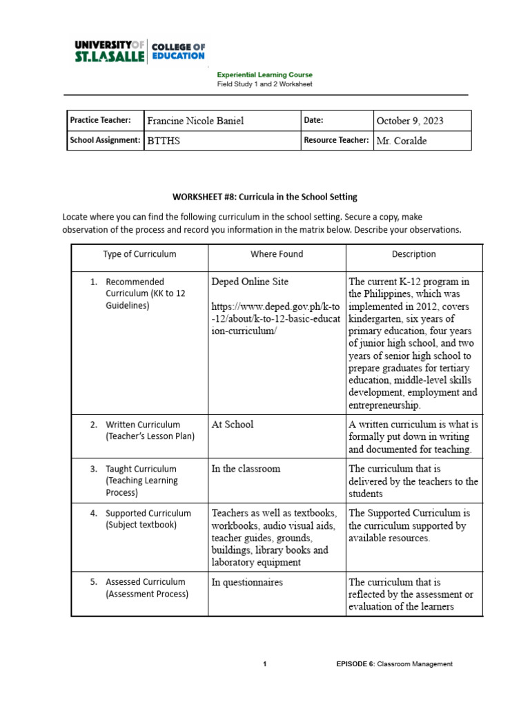 FS1_Worksheet8 | PDF | Curriculum | Teachers