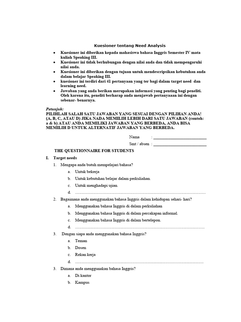 Contoh Need Analysis | PDF
