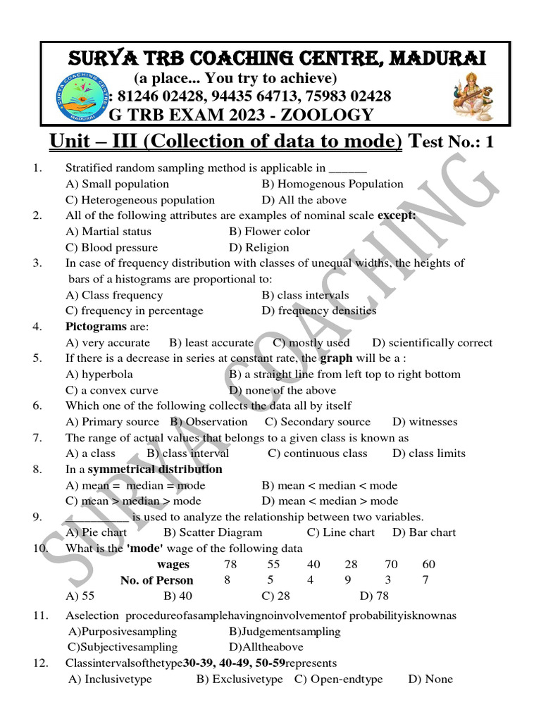 Unit - III Test No. 1 | PDF | Mean | Mode (Statistics)
