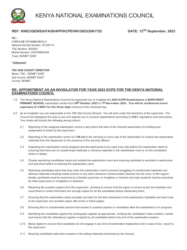Kenya National Examinations Council: DATE: 12 September, 2023 REF: KNEC ...