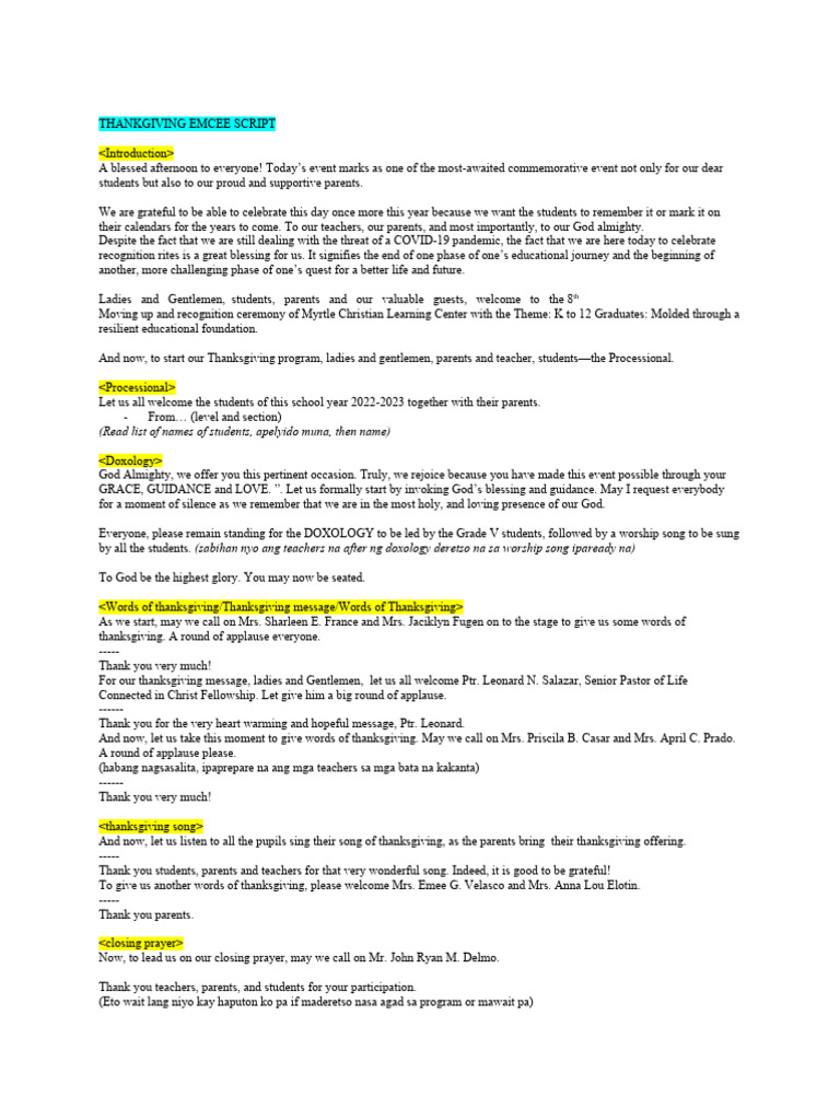 THANKGIVING EMCEE SCRIPT | PDF | Worship | Christian Worship And Liturgy
