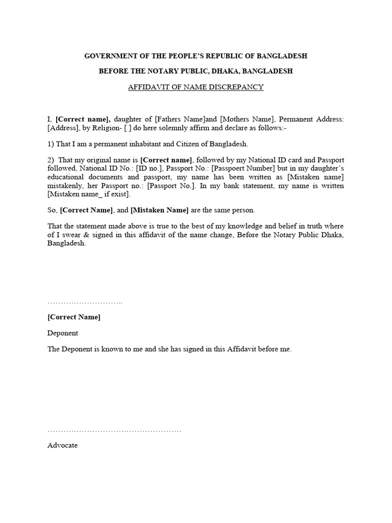 Sample_AFFIDAVIT OF NAME DISCREPANCY format in Bangladesh | PDF