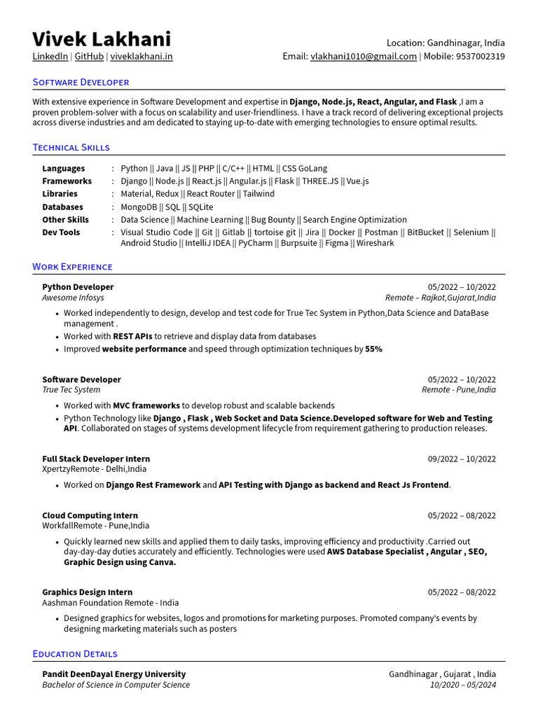 Vivek Lakhani Resume | PDF | Databases | Information Technology