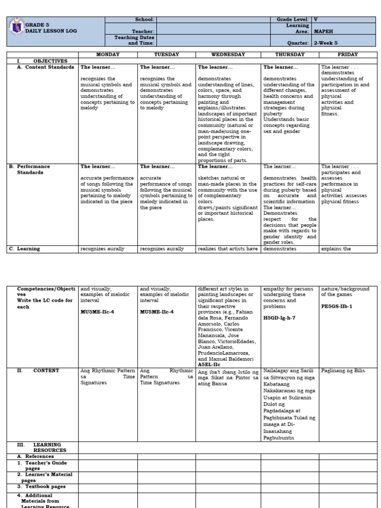 DLL Mapeh-5 Q2 W5 | PDF | Learning | Cognition