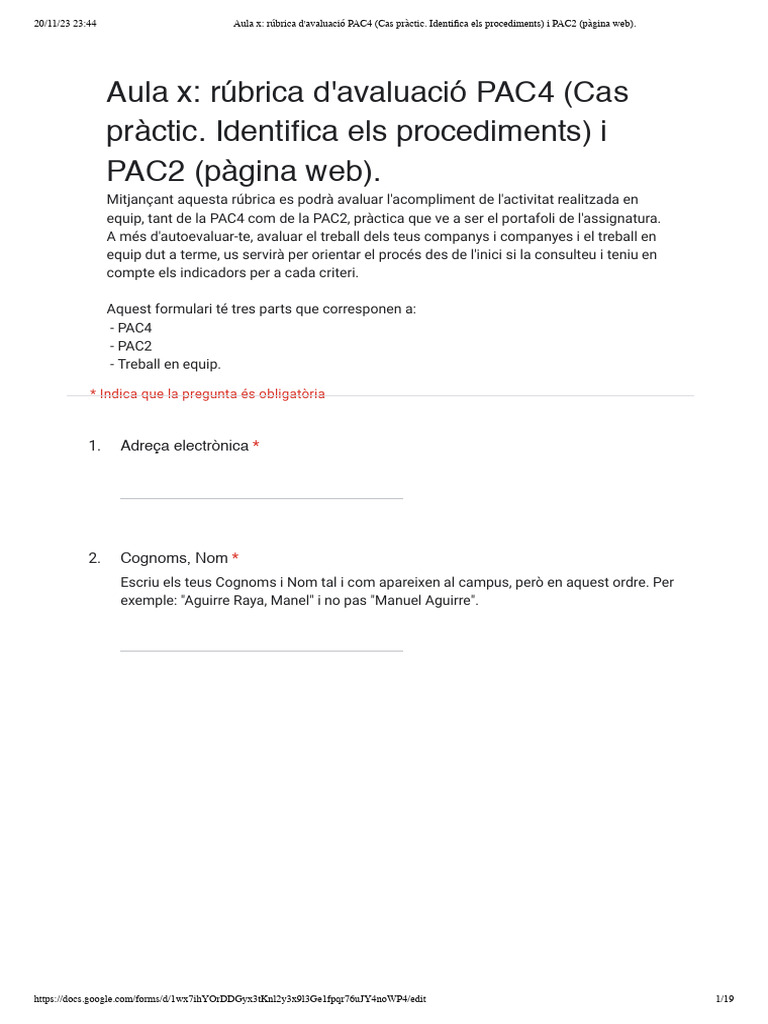 Plantilla - Rúbrica - PAC4 - I - PAC2 - PR-AULAx - 2023-24 (1) - Formularis de Google | PDF