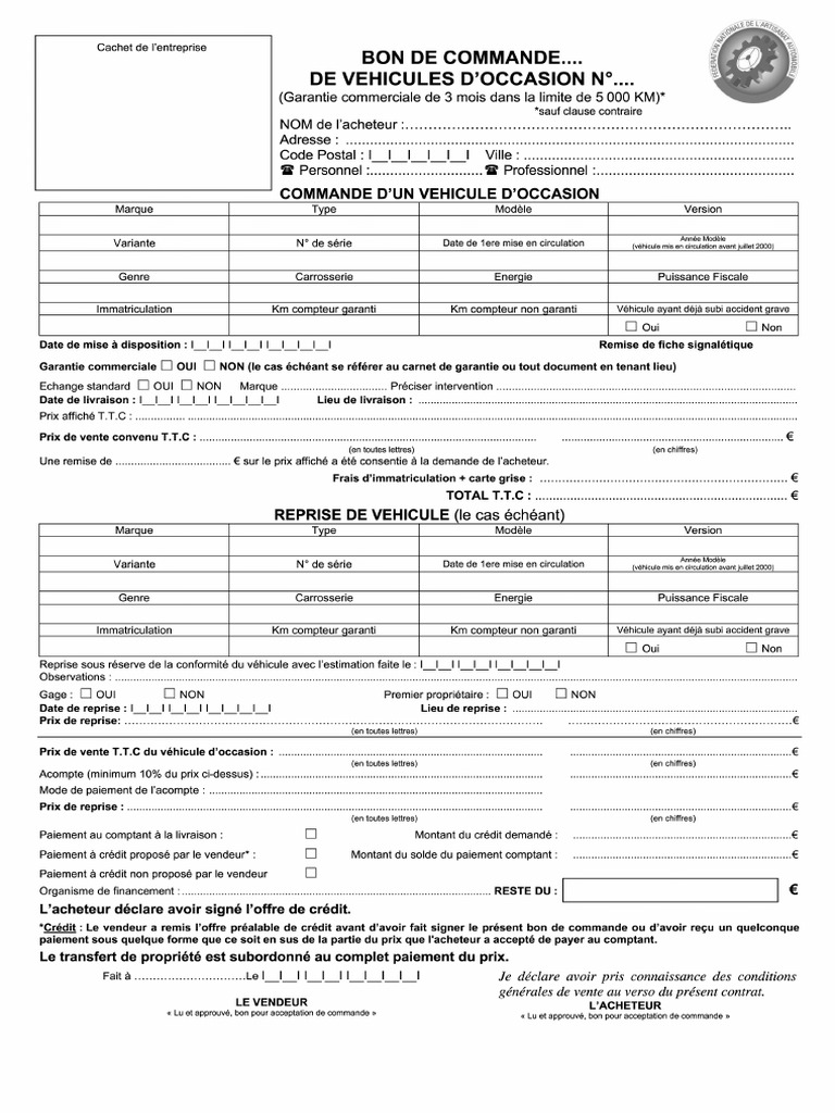Bon Commande Vehicule Occasion | PDF