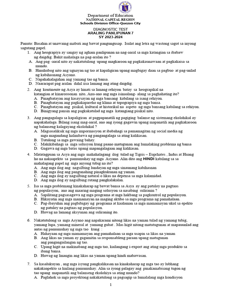 AP 7 Diagnostic Test SY 2023 2024 | PDF