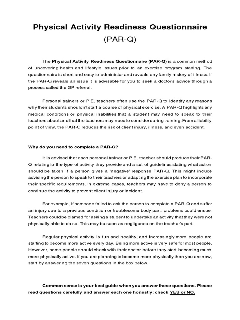 Physical Activity Readiness Questionnaire (PAR-Q) - CAEL - A331 | PDF