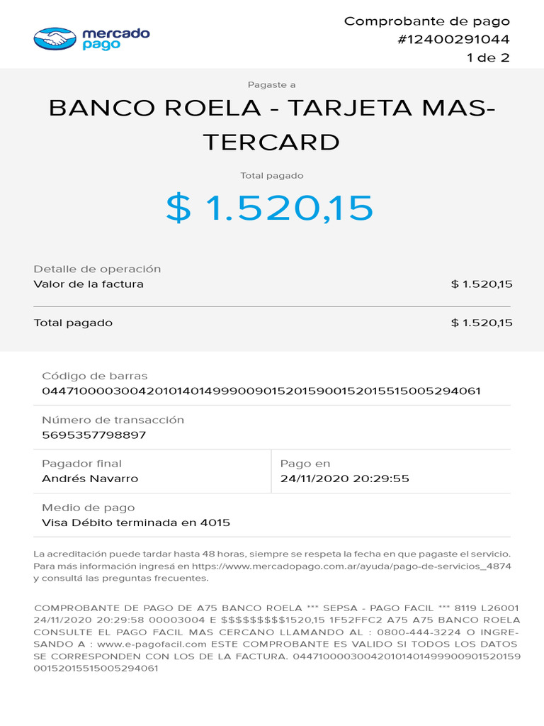 Comprobante Pago Banco Roela 2020 | PDF