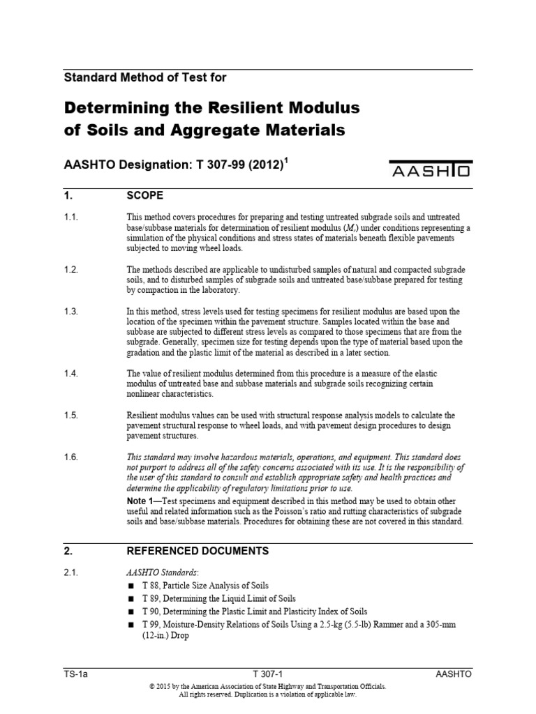 T 307 Determination of Resilient Modulus of Soil and Aggregate Materials | PDF | Young's Modulus ...