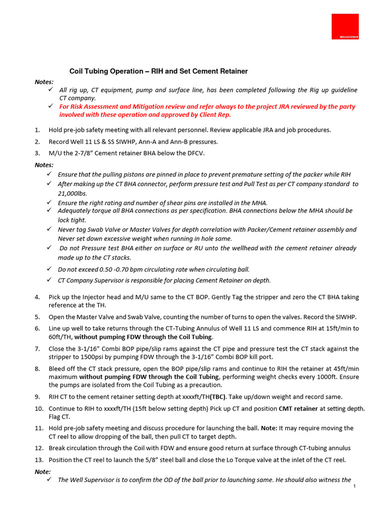 One Trip Cement Retainer Installation Draft Well Program | PDF
