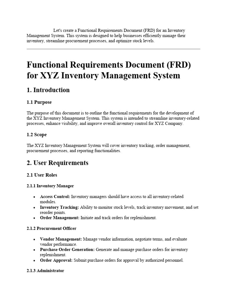 Functional Requirements Document (FRD) For XYZ Inventory Management System | PDF | Inventory ...