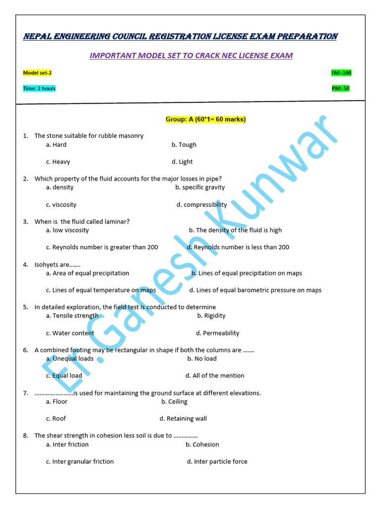 NEC License Exam Model Questions | PDF | Beam (Structure) | Dam