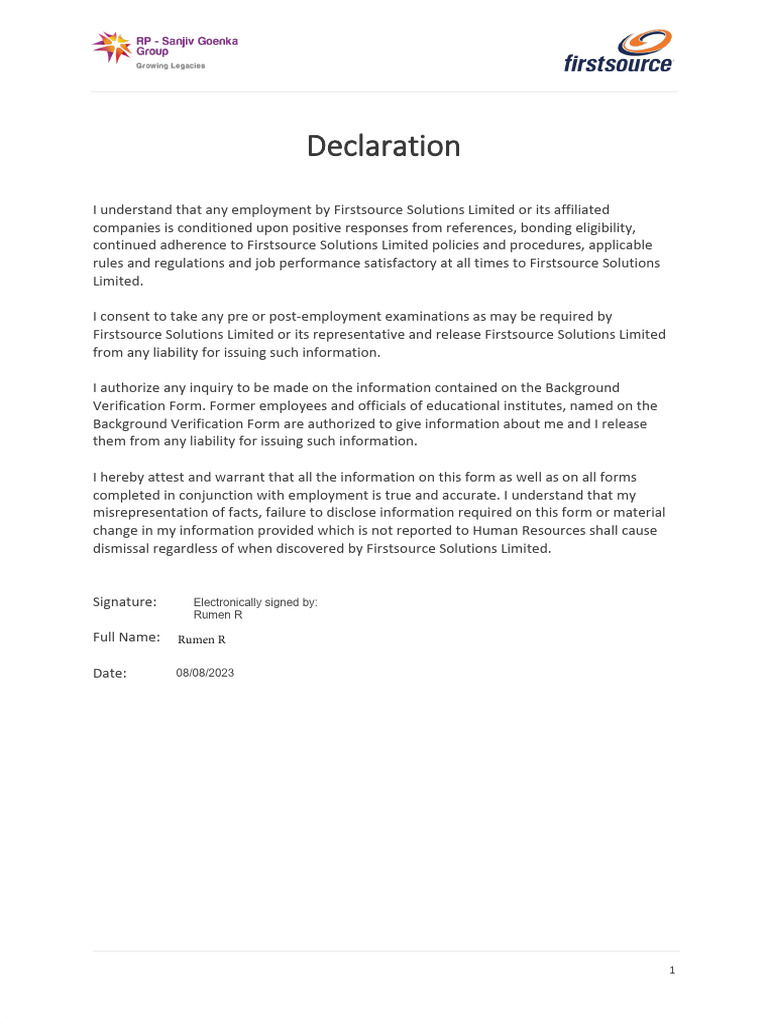 BGV Declaration and Consent Form | PDF
