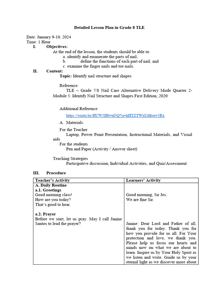 Detailed Lesson Plan in Grade 8 Module 5 - Q2 TLE | PDF | Nail (Anatomy ...