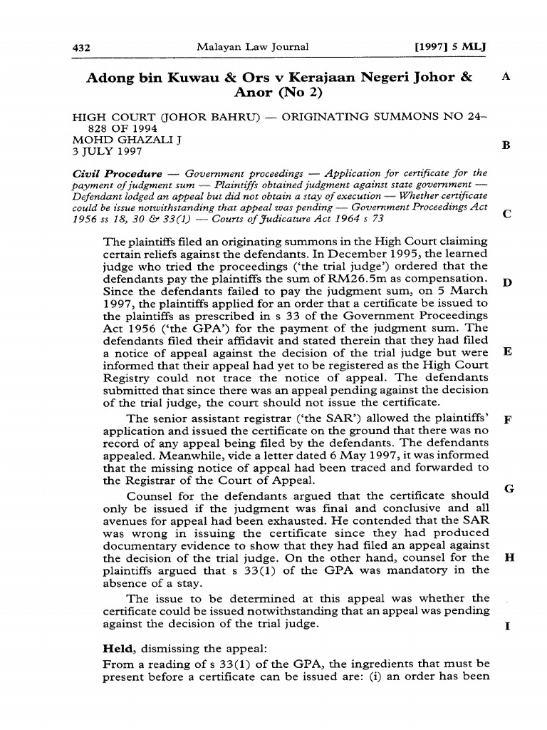 S 33 Adong Bin Kuwau & Ors V Kerajaan Negeri Johor & Anor (No 2) | PDF