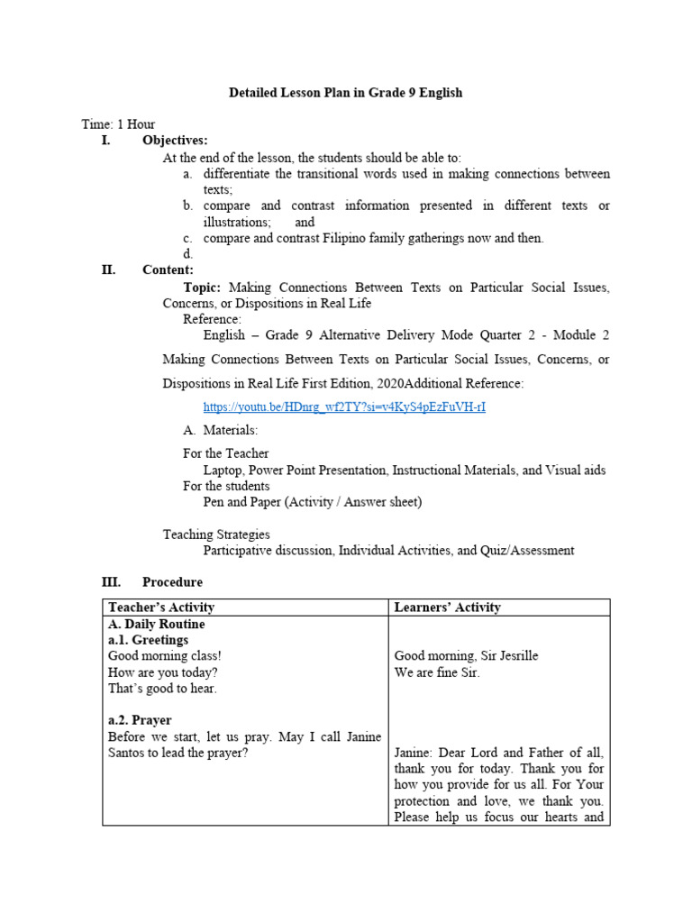 Detailed Lesson Plan in Grade 9 Module 2 Q2 | PDF | Reading ...