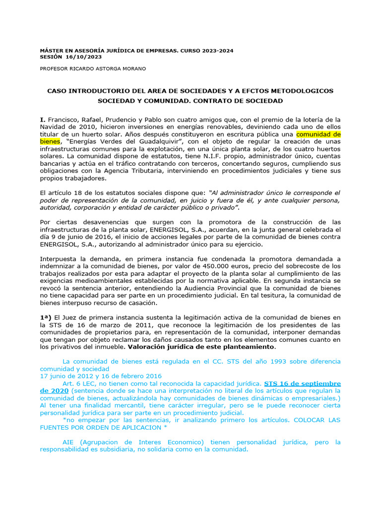 Caso Práctico 1-Comunidad y Sociedad. Contrato de Sociedad. Sociedades Civiles y Mercantiles ...