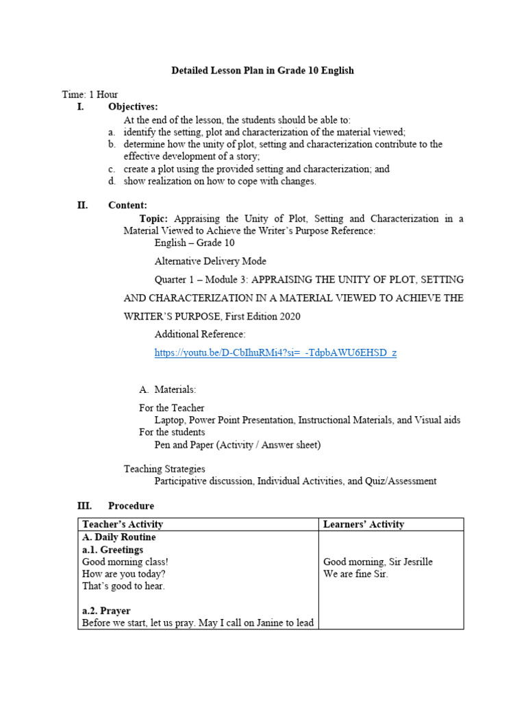 DLP in Grade 10 English | PDF | Plot (Narrative) | Thought