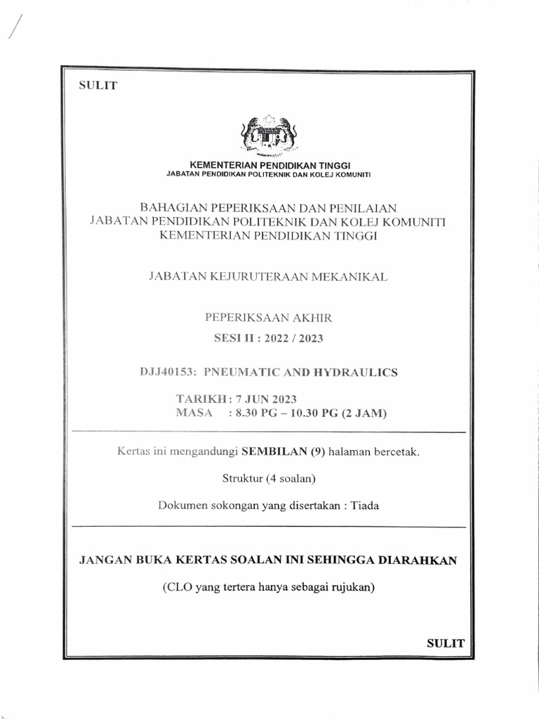 DJJ40153 PNEUMATIC AND HYDRAULICS FINAL ASSESSMENT SESI II 2022_2023 | PDF DJJ40153 PNEUMATIC AND HYDRAULICS FINAL ASSESSMENT SESI II 2022_2023 | PDF